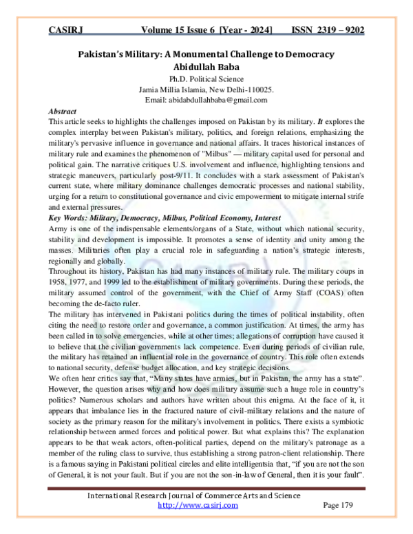 (PDF) Pakistan's Military: A Monumental Challenge to Democracy ...