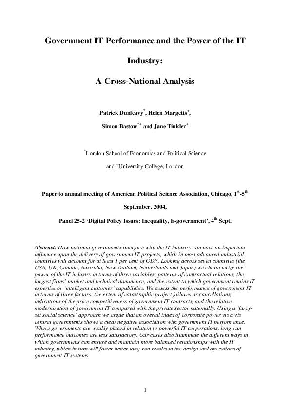 (PDF) Government IT performance and the power of the IT industry: A ...