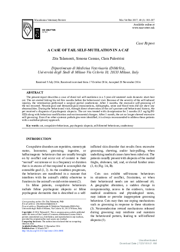 (PDF) A Case of Tail Self-Mutilation in a Cat