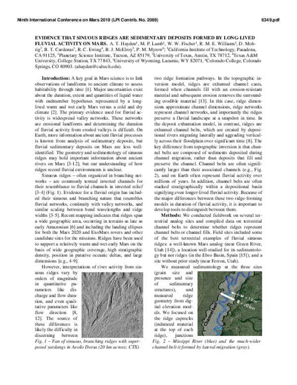 (PDF) Evidence that Sinuous Ridges are Sedimentary Deposits Formed by ...