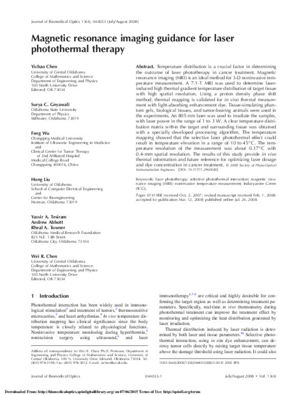 (PDF) Magnetic resonance imaging guidance for laser photothermal therapy
