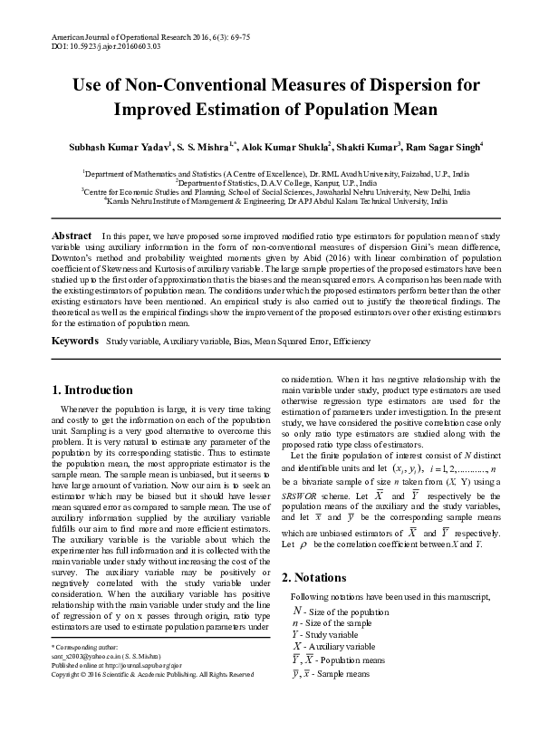 (PDF) Use of Non-Conventional Measures of Dispersion for Improved ...