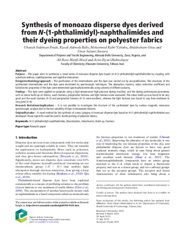 (PDF) Synthesis of monoazo disperse dyes derived from N-(1-phthalimidyl ...