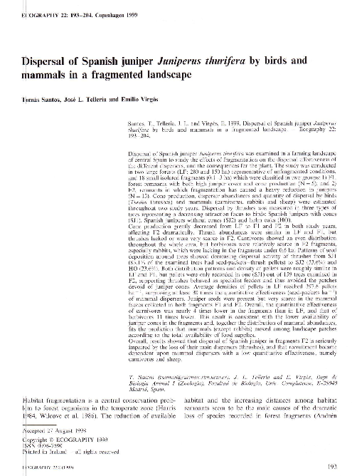 (PDF) Dispersal of Spanish juniper Juniperus thurifera by birds and ...