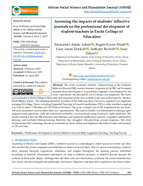 (PDF) Assessing the impacts of students' reflective journals on the ...