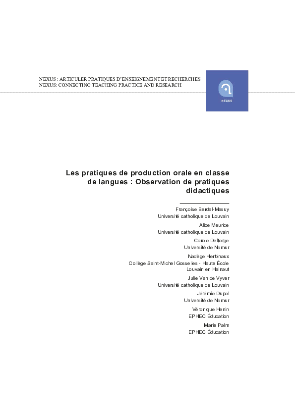 (PDF) Pratiques De Production Orale en Classe De Langues