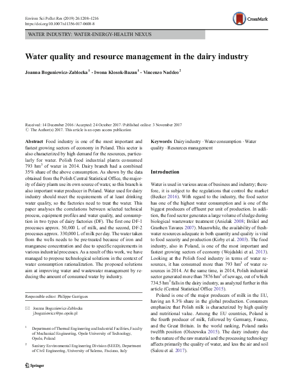 (PDF) Water quality and resource management in the dairy industry