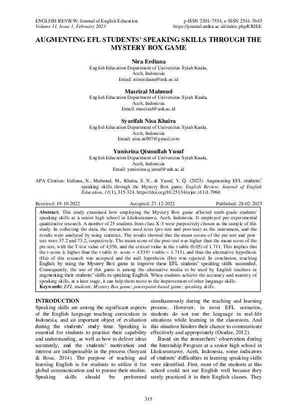 (PDF) Augmenting Efl Students’ Speaking Skills Through the Mystery Box Game