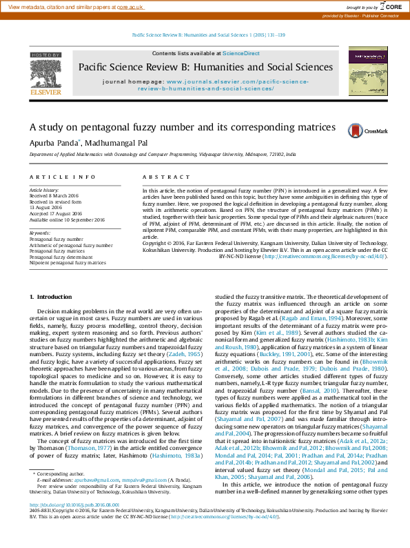 (PDF) A study on pentagonal fuzzy number and its corresponding matrices