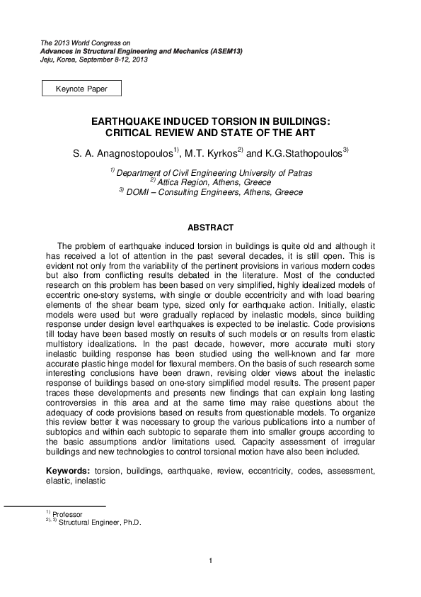 (PDF) Earthquake induced torsion in buildings: critical review and ...
