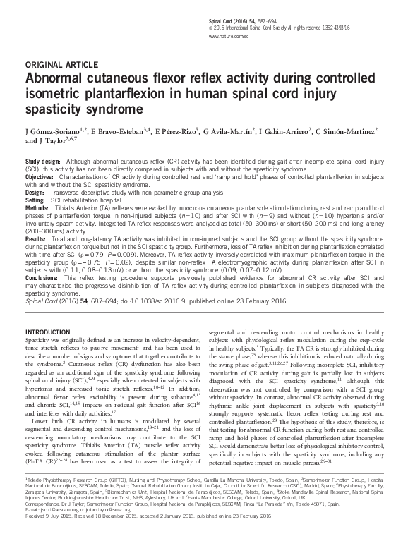 (PDF) Abnormal cutaneous flexor reflex activity during controlled ...