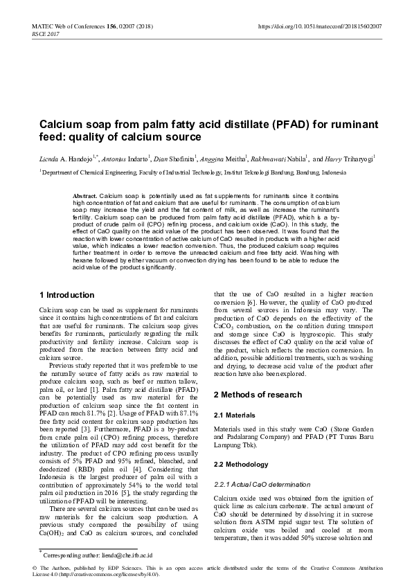 (PDF) Calcium soap from palm fatty acid distillate (PFAD) for ruminant ...