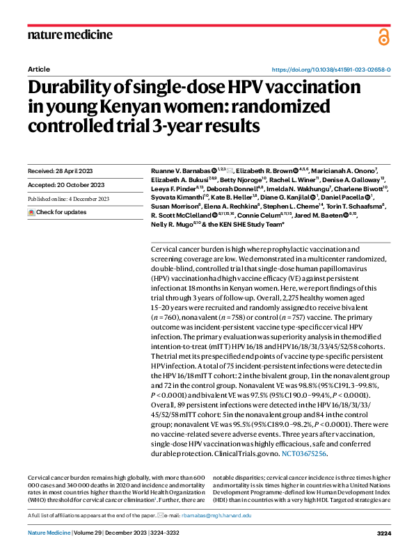 (PDF) Durability of single-dose HPV vaccination in young Kenyan women ...