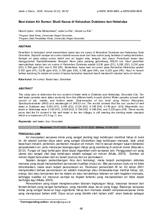 (PDF) Iron in Well Water: Case Study in Dulalowo and Heledulaa Districts