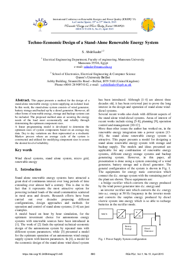 (PDF) Techno-Economic Design of a Stand-Alone Renewable Energy System