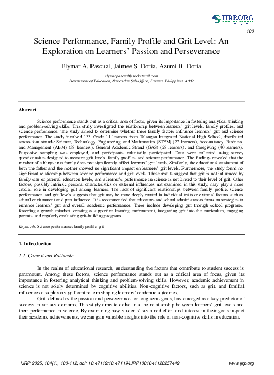 (PDF) Science Performance, Family Profile and Grit Level: An ...