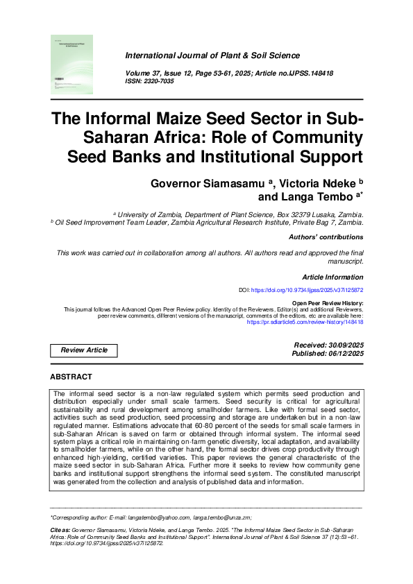 (PDF) The Informal Maize Seed Sector in Sub-Saharan Africa: Role of ...