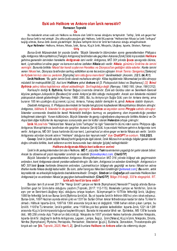 (PDF) Eski adı Helikore ve Ankore olan İznik neresidir