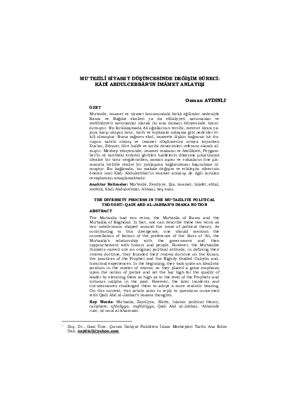 (PDF) Mu'tezilî Siyaset Düşüncesinde Değişim Süreci: Kâdî Abdulcebbâr ...