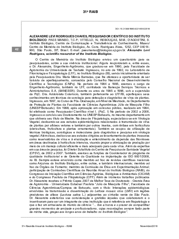 (PDF) Alexandre Levi Rodrigues Chaves, Pesquisador Científico do ...