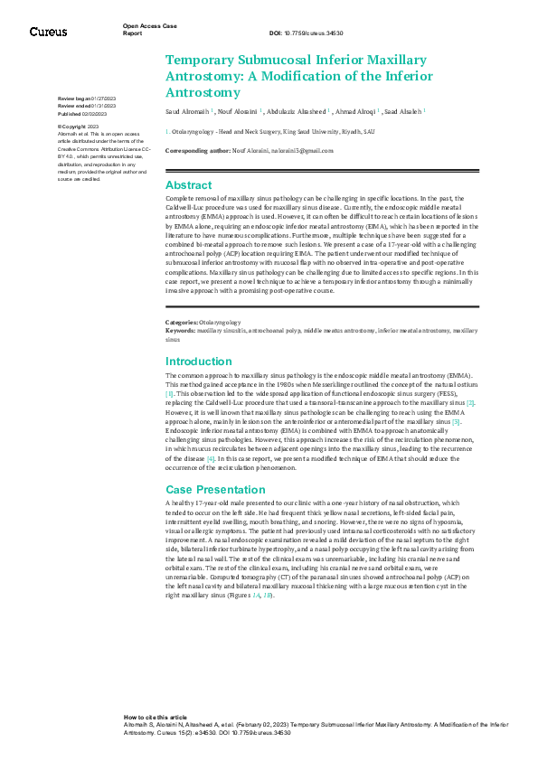 (PDF) Temporary Submucosal Inferior Maxillary Antrostomy: A ...