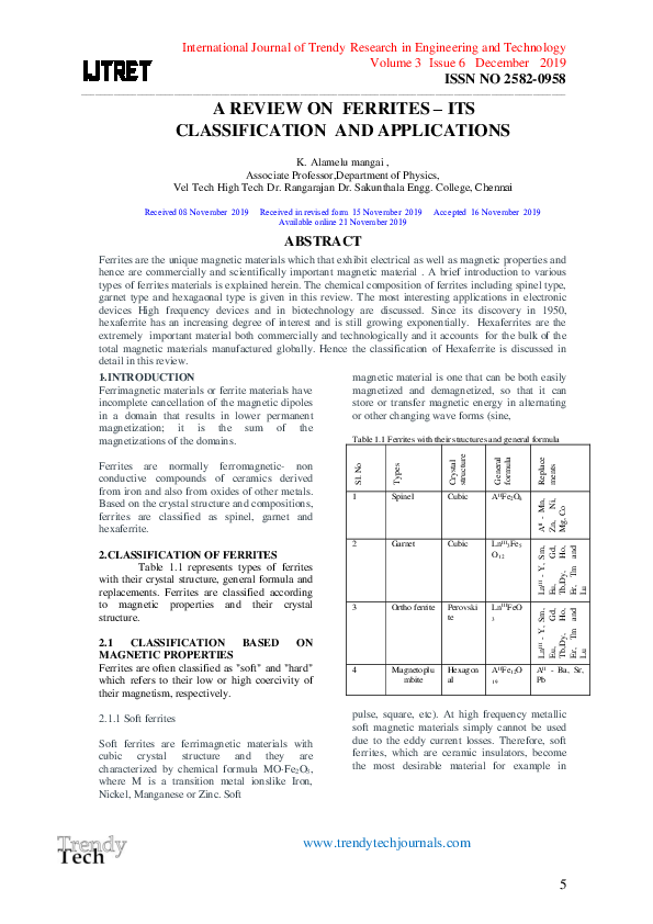 (PDF) A REVIEW ON FERRITES -ITS CLASSIFICATION AND APPLICATIONS