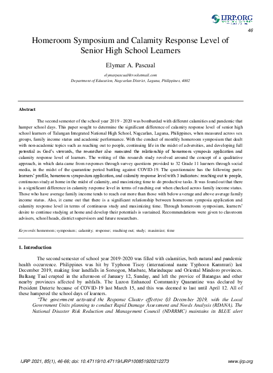 (PDF) Homeroom Symposium and Calamity Response Level of Senior High ...
