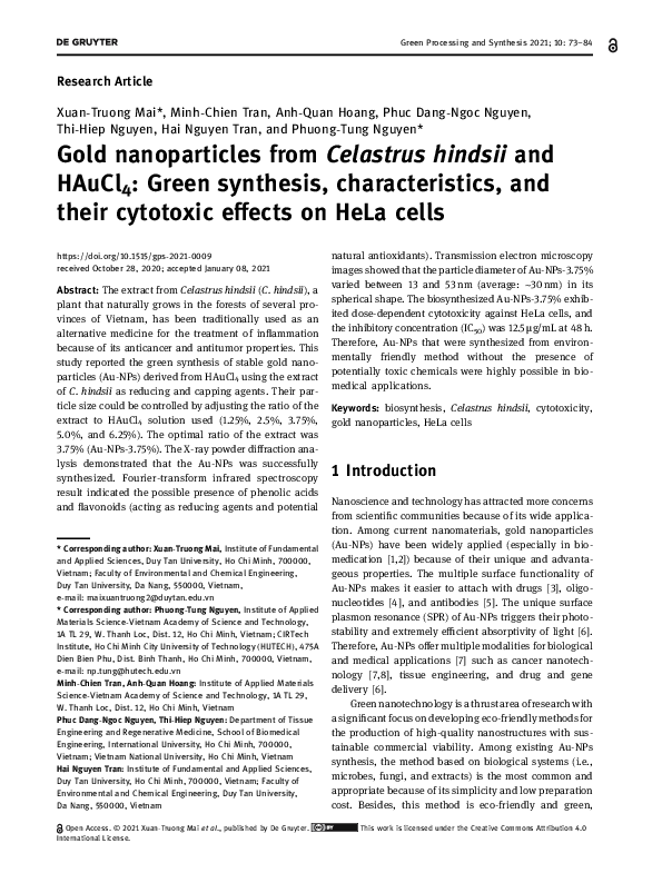 (PDF) Gold nanoparticles from Celastrus hindsii and HAuCl4: Green ...