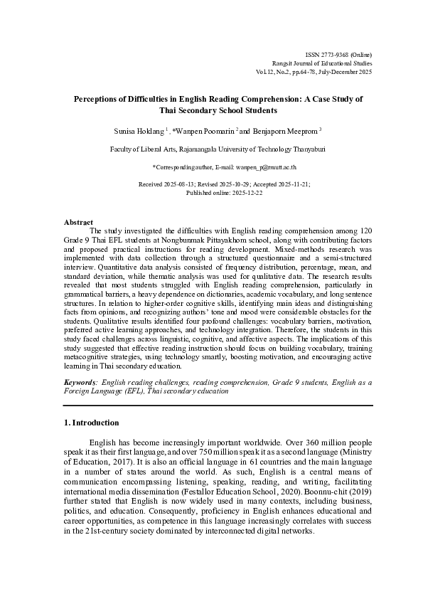 (PDF) Perceptions of Difficulties in English Reading Comprehension: A ...