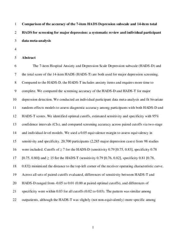 (PDF) Comparison of the accuracy of the 7-item HADS Depression subscale ...