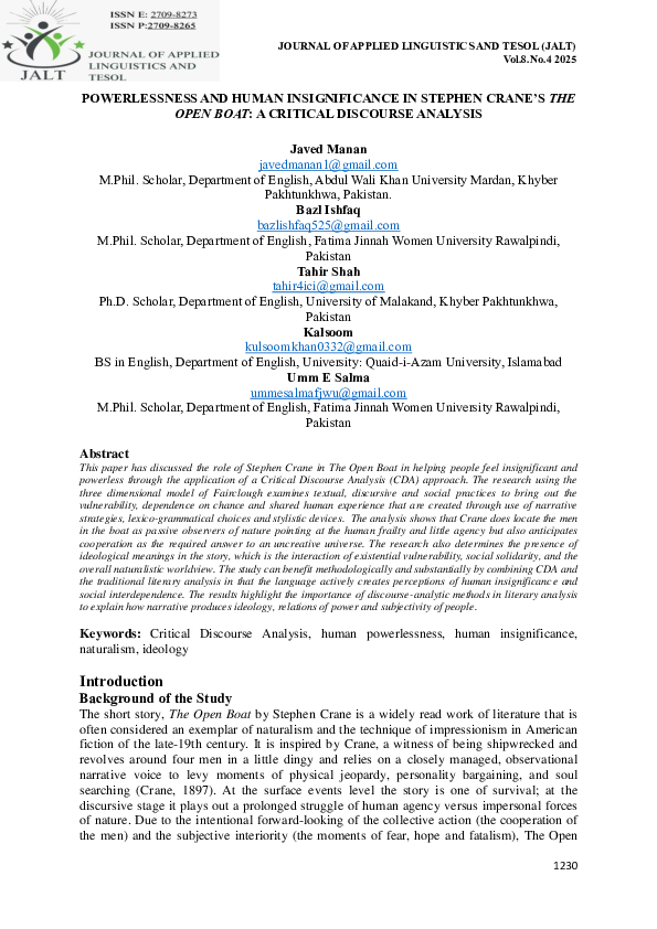 (PDF) POWERLESSNESS AND HUMAN INSIGNIFICANCE IN STEPHEN CRANE'S THE ...