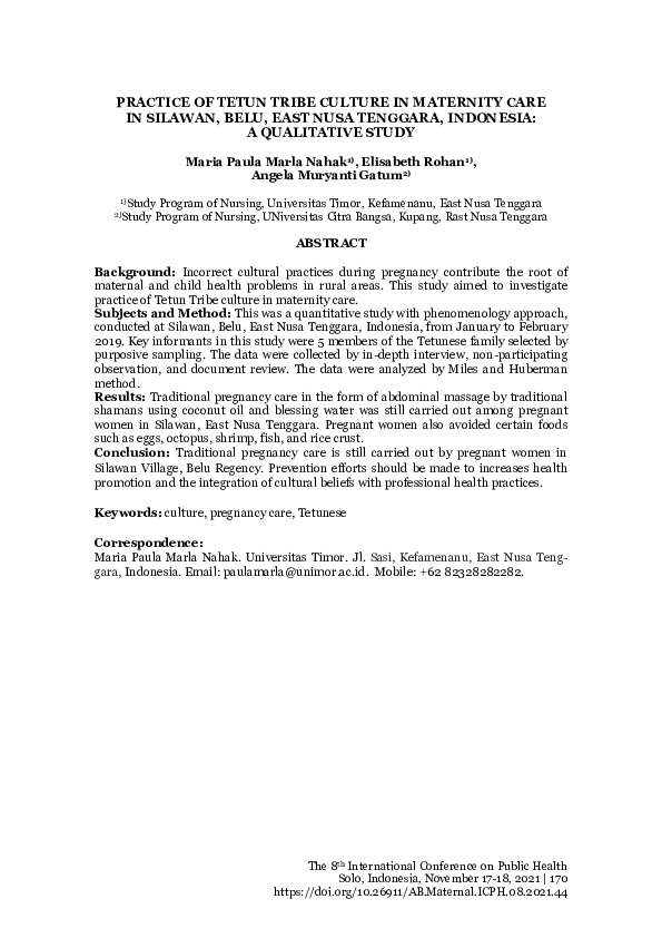 (PDF) Practice of Tetun Tribe Culture in Maternity Care in Silawan ...