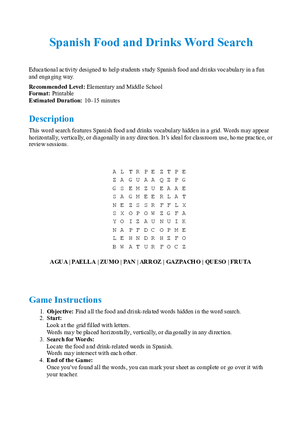 (PDF) Food drinks word search