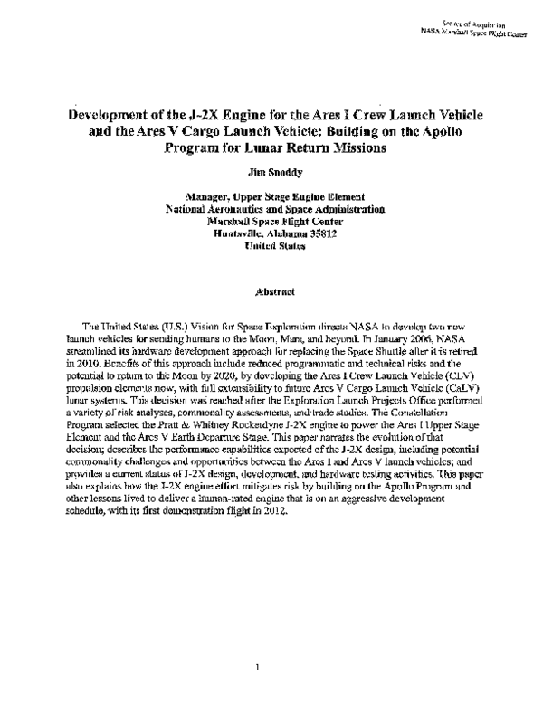 (PDF) Development of the J-2X Engine for the Ares I Crew Launch Vehicle ...
