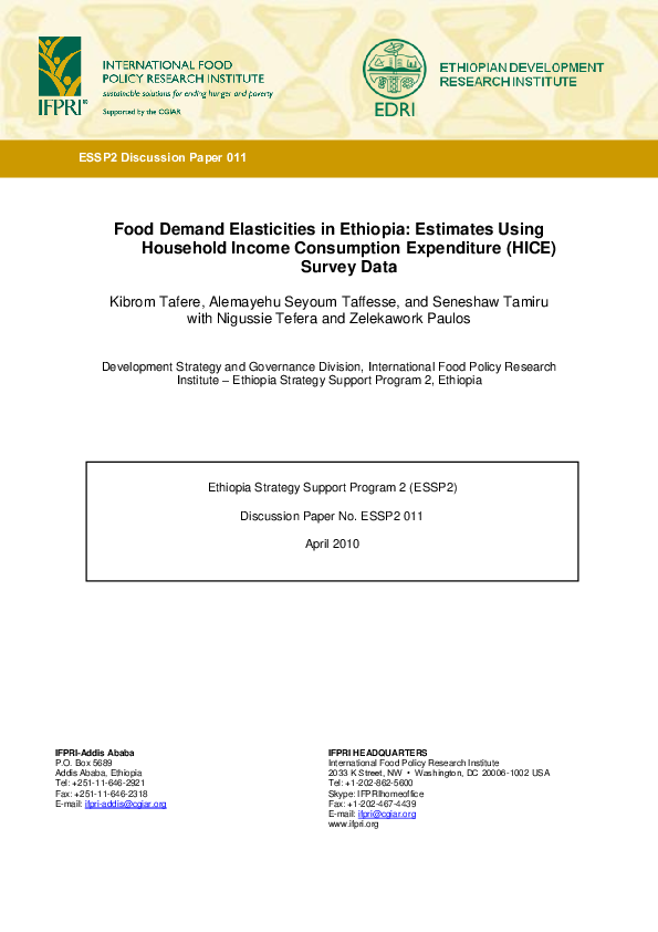 (PDF) Food demand elasticities in Ethiopia: Estimates using household ...