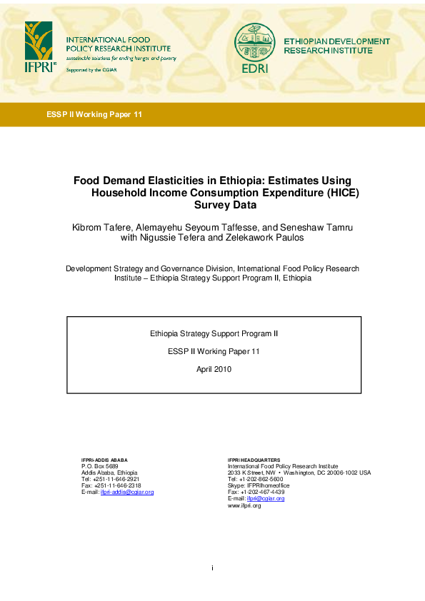 (PDF) ESSP II Working Paper 011 Food Demand Elasticities in Ethiopia ...