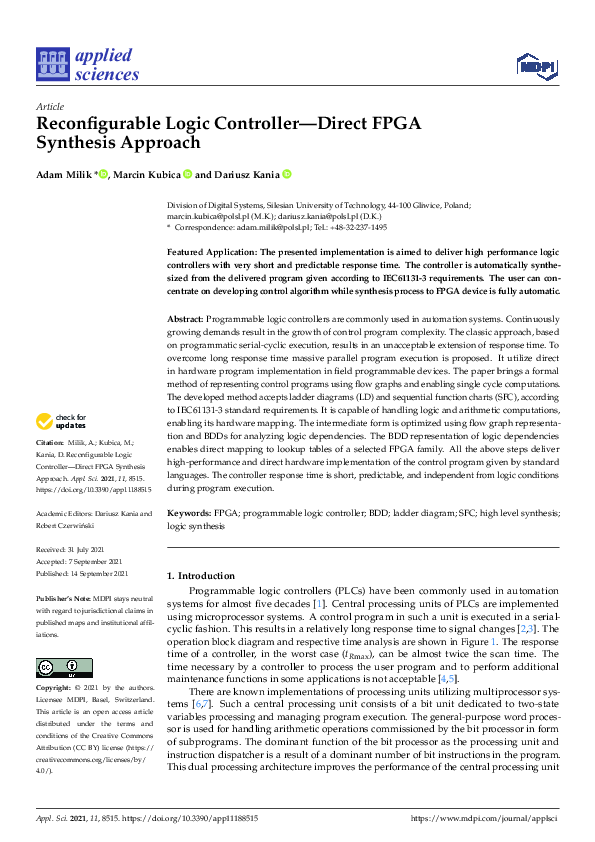 (PDF) Reconfigurable Logic Controller—Direct FPGA Synthesis Approach