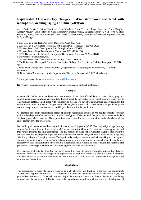 (PDF) Explainable AI reveals changes in skin microbiome composition ...