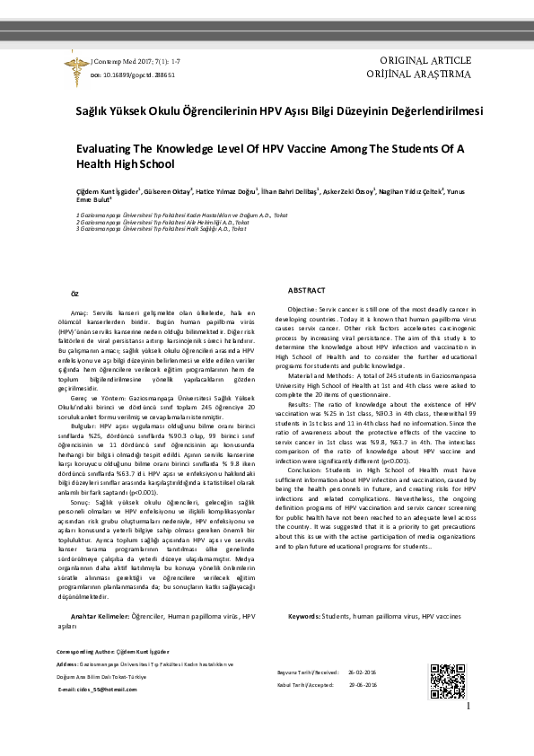 (PDF) Sağlık Yüksek Okulu Öğrencilerinin HPV Aşısı Bilgi Düzeyinin ...