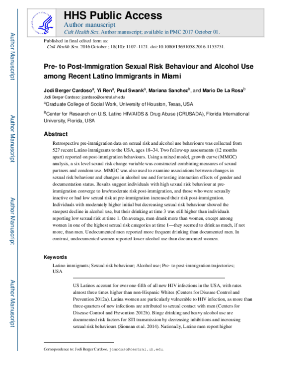 (PDF) Pre- to post-immigration sexual risk behaviour and alcohol use ...