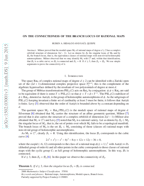 (PDF) Connectivity of the branch locus of moduli space of rational maps