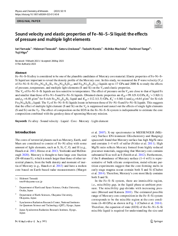 (PDF) Sound velocity and elastic properties of Fe–Ni–S–Si liquid: the ...