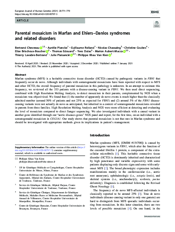 (PDF) Parental mosaicism in Marfan and Ehlers–Danlos syndromes and ...