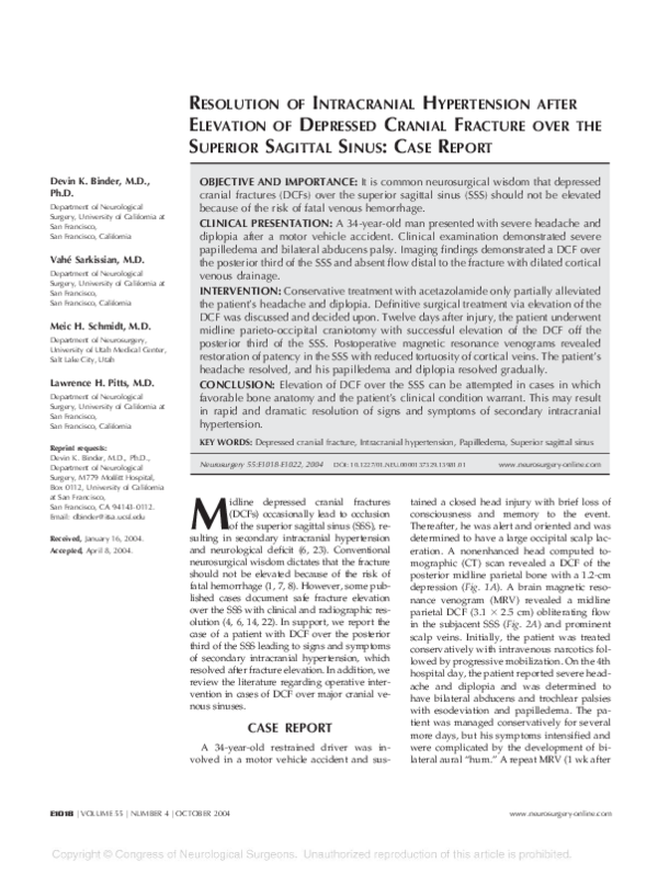 (PDF) Resolution of Intracranial Hypertension after Elevation of ...