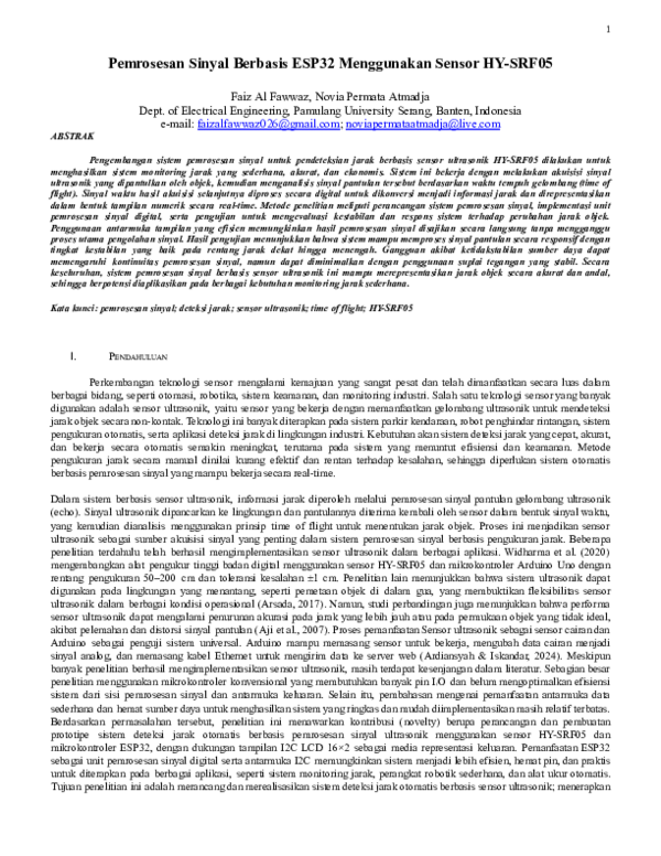 (PDF) Pemrosesan Sinyal Berbasis ESP32 Menggunakan Sensor HY-SRF05