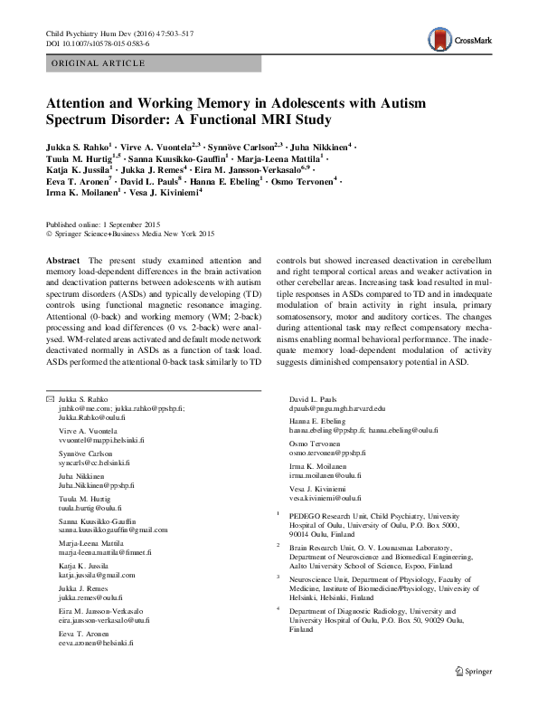 (PDF) Attention and Working Memory in Adolescents with Autism Spectrum ...