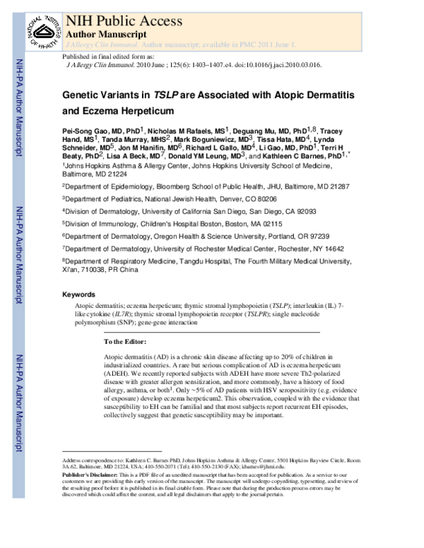 (PDF) Genetic variants in thymic stromal lymphopoietin are associated ...