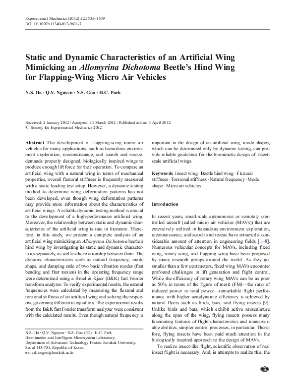 (PDF) Static and Dynamic Characteristics of an Artificial Wing ...