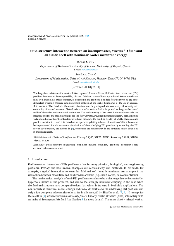 (PDF) Fluid-structure interaction between an incompressible, viscous 3D ...