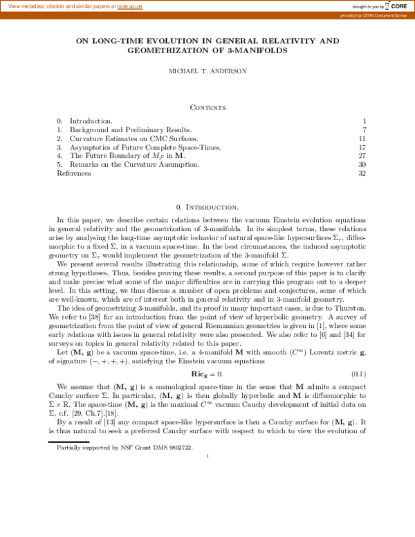 (PDF) On Long-Time Evolution in General Relativity¶and Geometrization ...